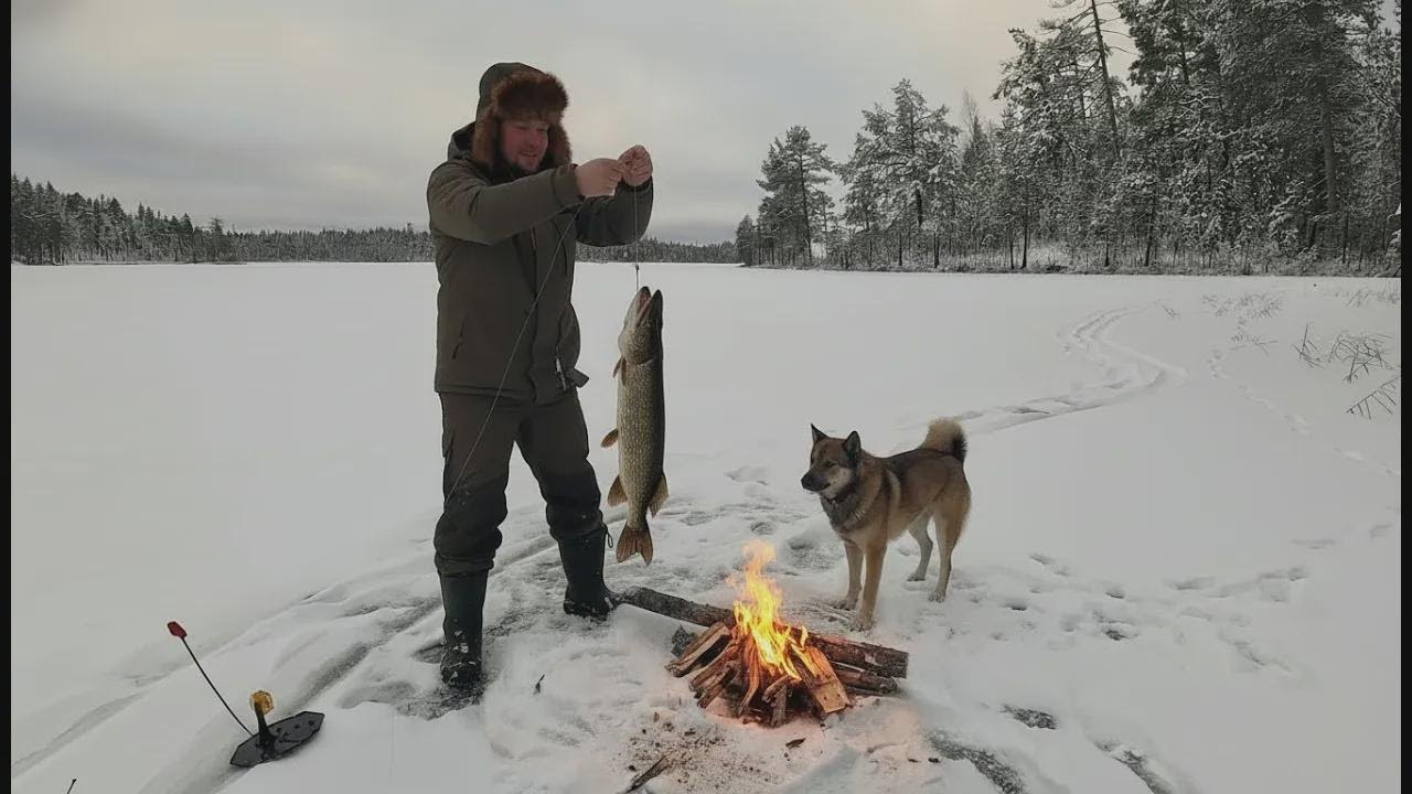 Ice Fishing with Tip-Ups on a Remote Lake: Camping Out, Catching Pike ...