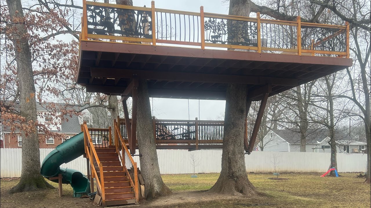 Our Awesome Treehouse! Part 3 DIY Suspended Bridge, Decking, Railings ...