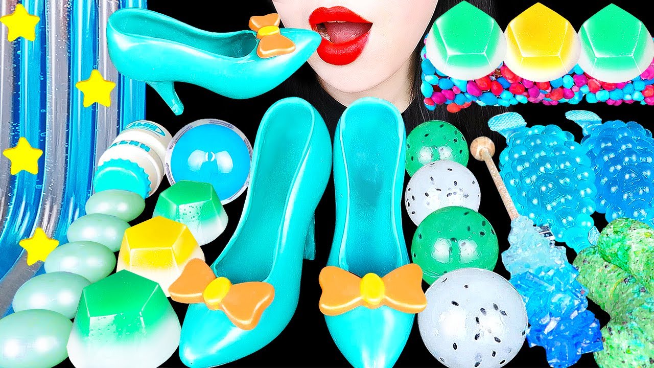 ASMR MUKBANG Teal Blue Dessert, Edible Shoes, Blue Raspberry Jelly ...