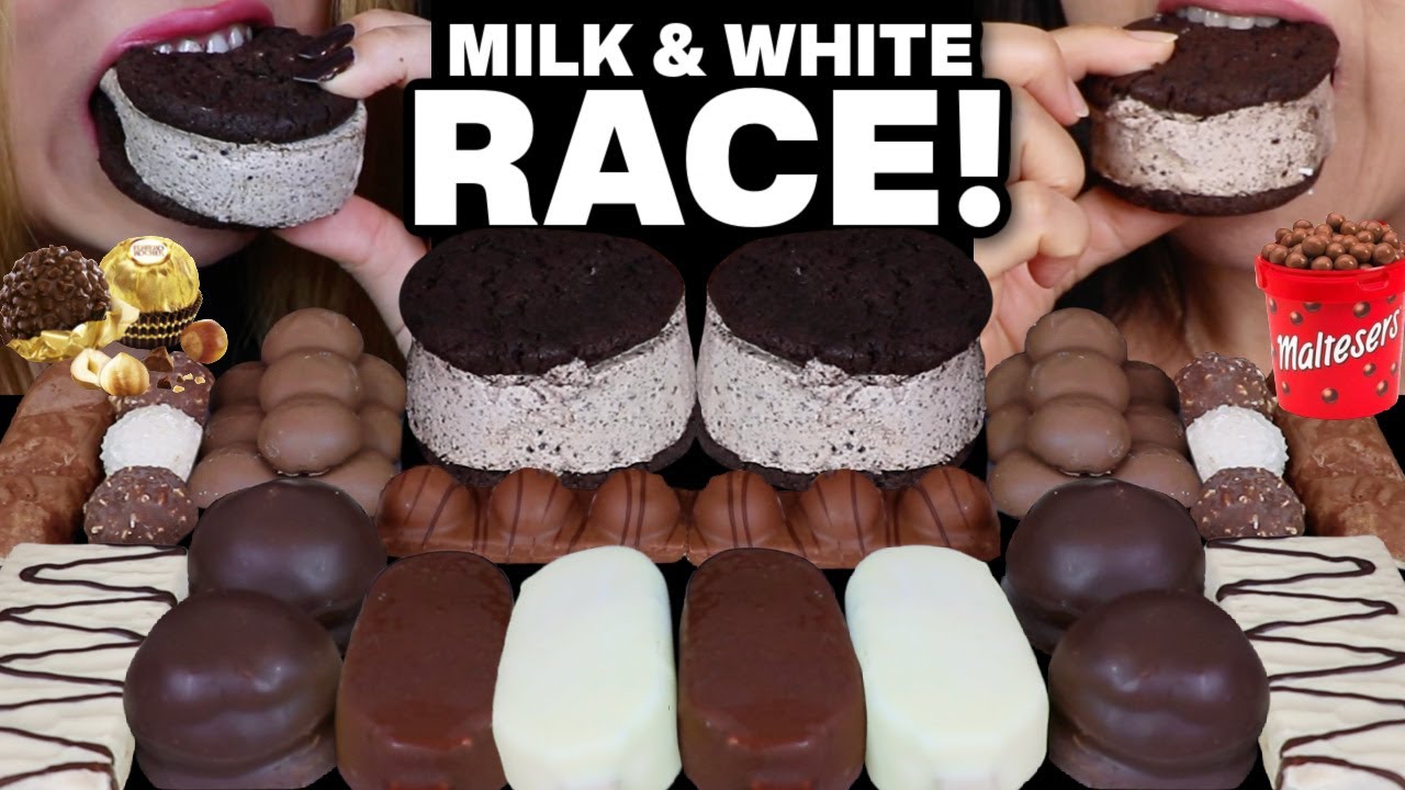 ASMR MILK & WHITE CHOCOLATE RACE! Mini ice cream bars, Maltesers, Zebra ...