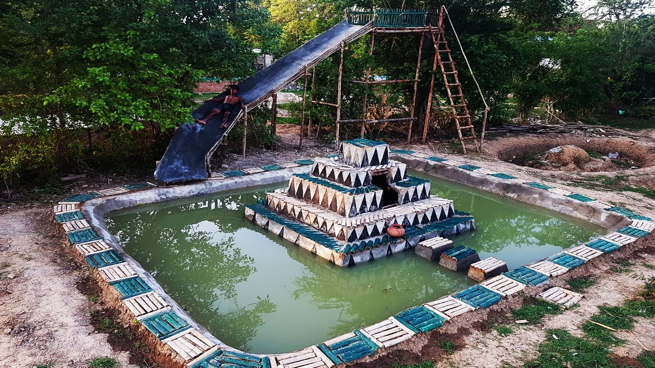 How To Build Mud House, Swimming Pool and Slide Pool In The Forest ...