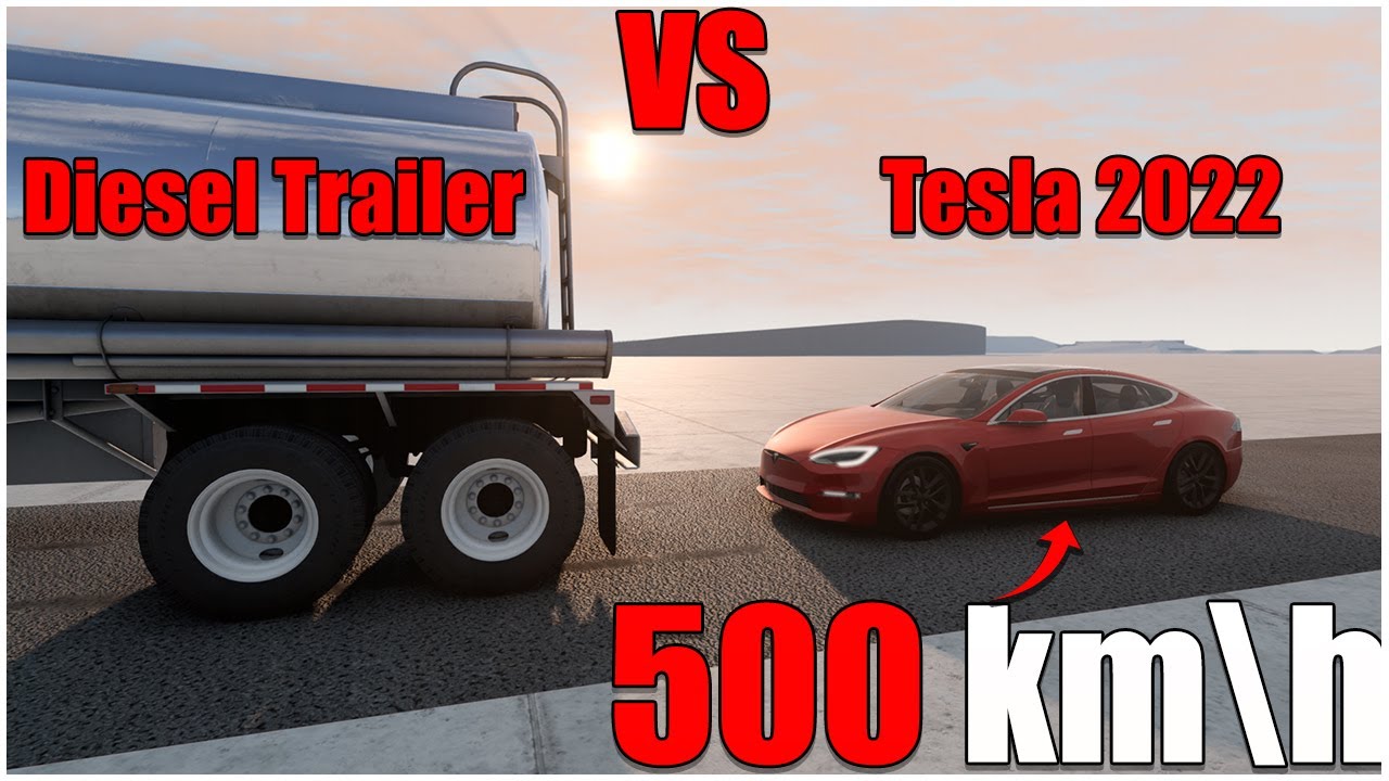 Tesla 2022 VS Diesel Trailer 500 km\h (#75) | beamng drive crashes ...