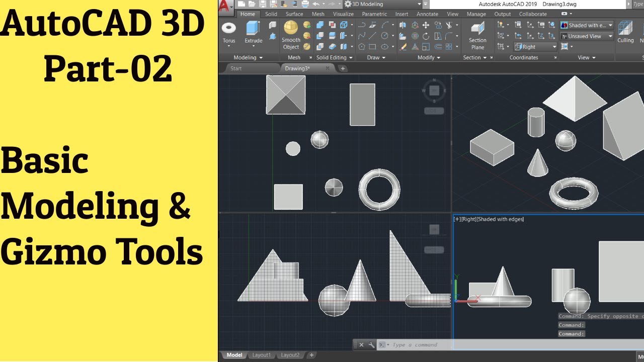 #02 AutoCAD 3D Tutorial- Basic Modeling & Gizmo Tools - YouTube