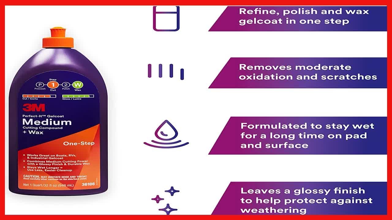 3M Perfect-It Gelcoat Medium Cutting Compound + Wax, 36106, 1 Quart ...