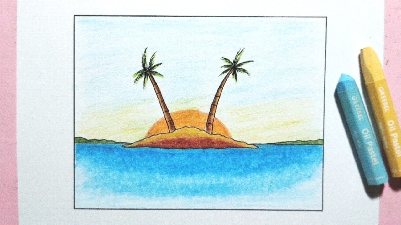 Cara menggambar pemandangan pantai - How to draw beach scenery - YouTube