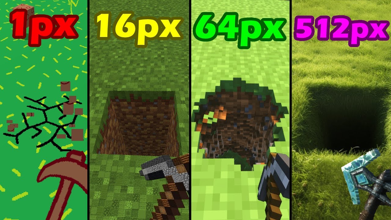 minecraft in 1px vs 8px vs 16px vs 64px vs 256px vs 512px texture - YouTube