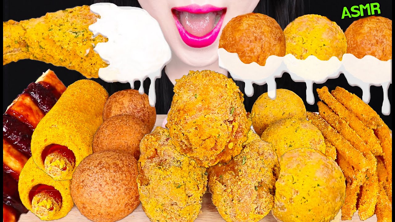 ASMR FRIED CHICKEN, CHEESE BALL, FRIES, HOT DOGS 뿌링클 파티 *치킨 닭다리, 치즈볼 ...