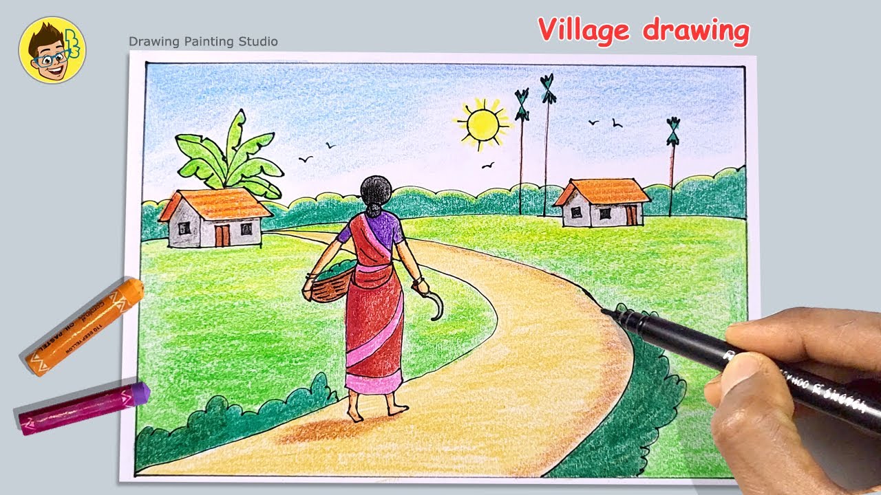 How to Draw Village scenery with Woman Step by Step | Easy woman ...