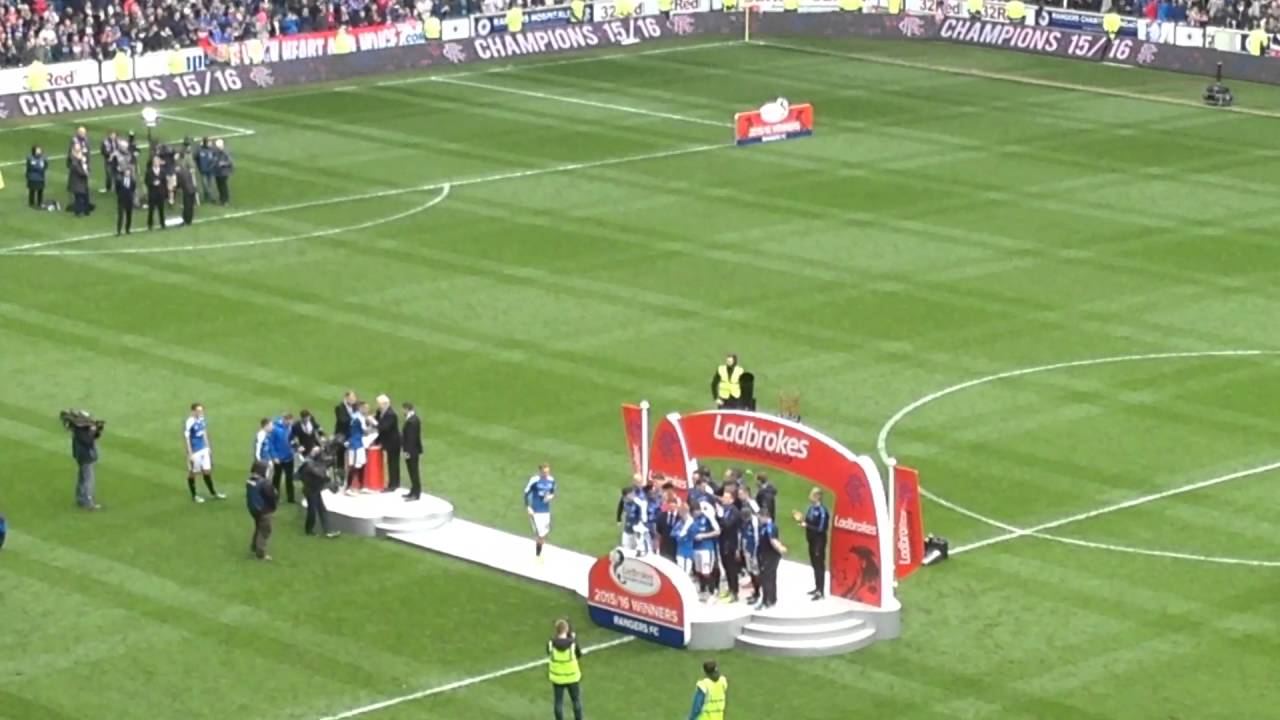 Glasgow Rangers title party vs Alloa 1-1 trophy ceremony - YouTube