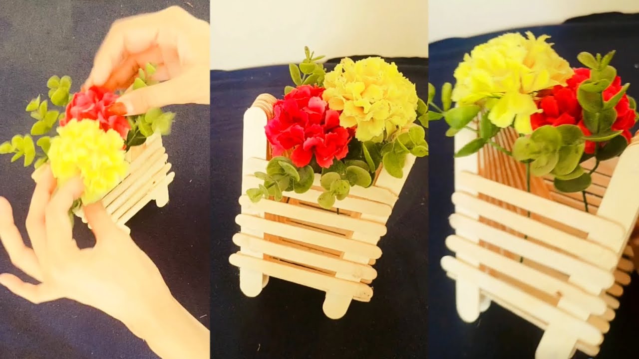 How to make flower vase with popsicle sticks | DIY Flower vase | Bamboo ...