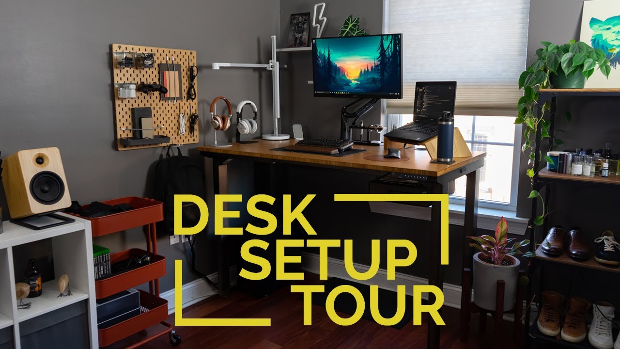 My Work From Home + Gaming Desk Setup 2021 | Standing Desk Office Tour ...