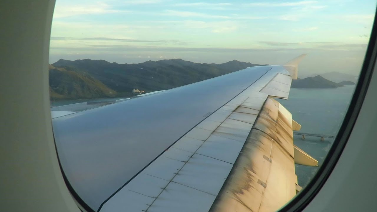 EMIRATES Airbus A380 UPPER DECK Wing View Landing at Hong Kong Airport ...