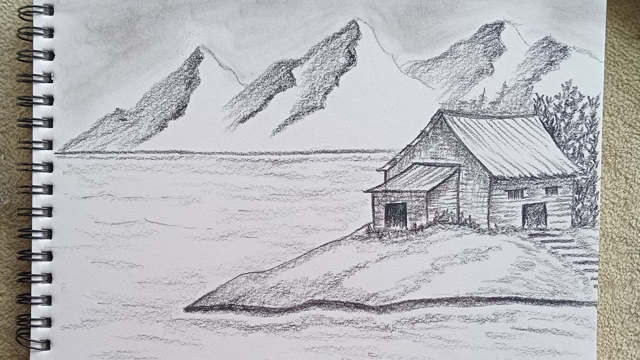 Beautiful landscape pencil drawing||Small house near mountains and lake ...