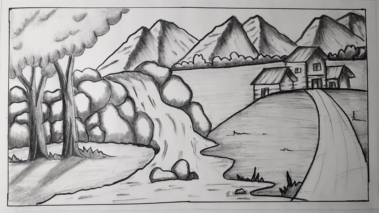 How To Draw Easy Mountain Landscape Scenery || Easy Village Scenery ...