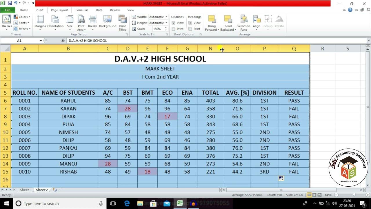Mark Sheet with Conditional Formatting , Excel me Mark sheet banana sikhe. - YouTube