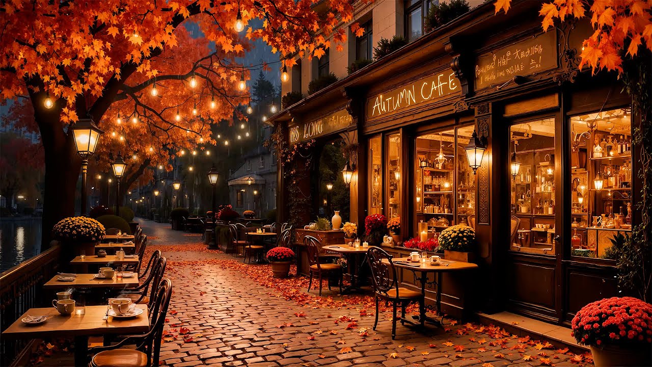 Cozy Autumn Outdoor Cafe 4K 🍂🍁 Jazz Piano Music For Relaxing, Studying ...
