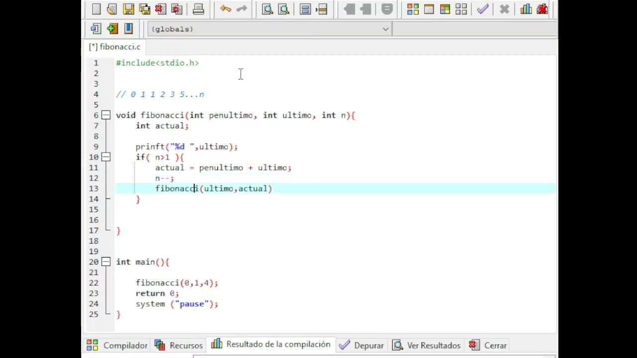 Algoritmo de Fibonacci con función recursiva en c. - YouTube