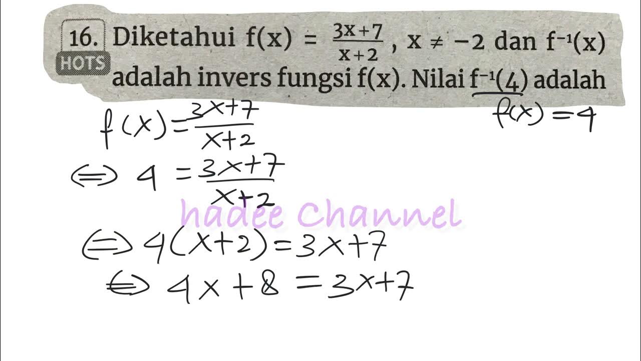 diketahui f(x)=3x+7/x+2,dan f'(x) adalah invers fungsi f(x),nilai f'(4) adalah - YouTube