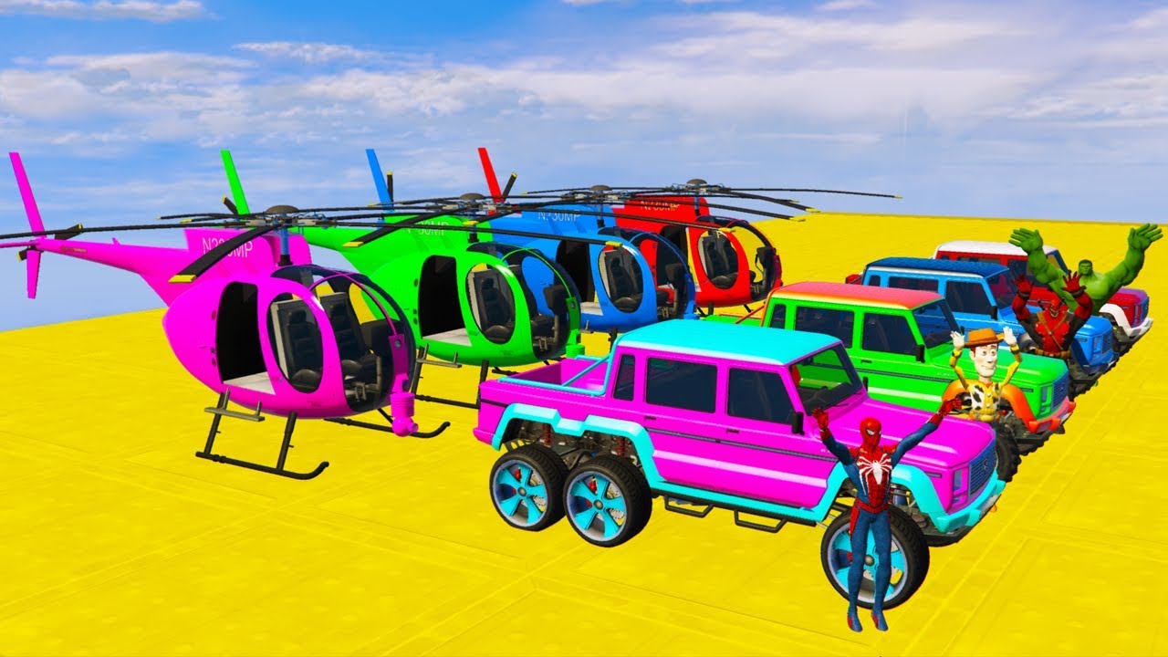 COLOR OFFROAD CARS Transportation and Superhero Fly on Helicopter 3D ...