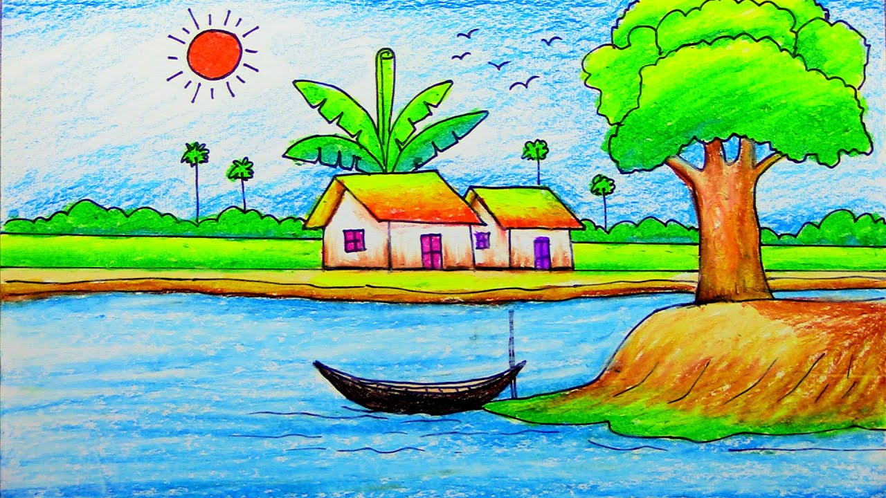 সম্পুর্ণ বাংলায় গ্রামের দৃশ্য অংকন,How To Draw Easy Scenery, Scenery ...