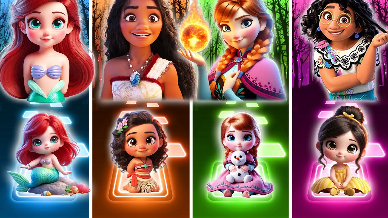 Mermaid Ariel Vs Moana Vs Frozen Anna Vs Encanto Mirabel - Tiles HOP ...
