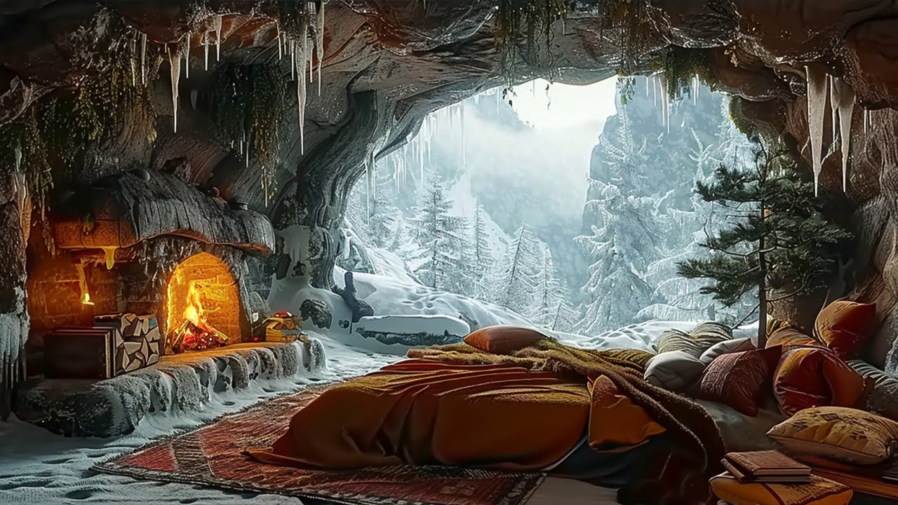 Relax in a Winter Wonderland Cave | Warm Campfire in a Blizzard Night ️ ...