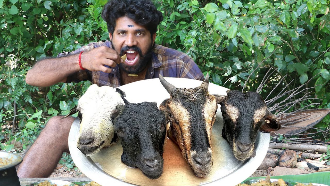 KING of GOAT HEAD CURRY | Village Style Making in Cooking and Eating ...