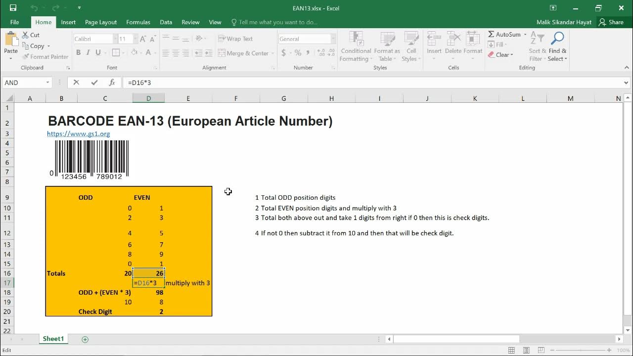 How Check Digit of Barcode EAN13 is calculated using Excel - YouTube