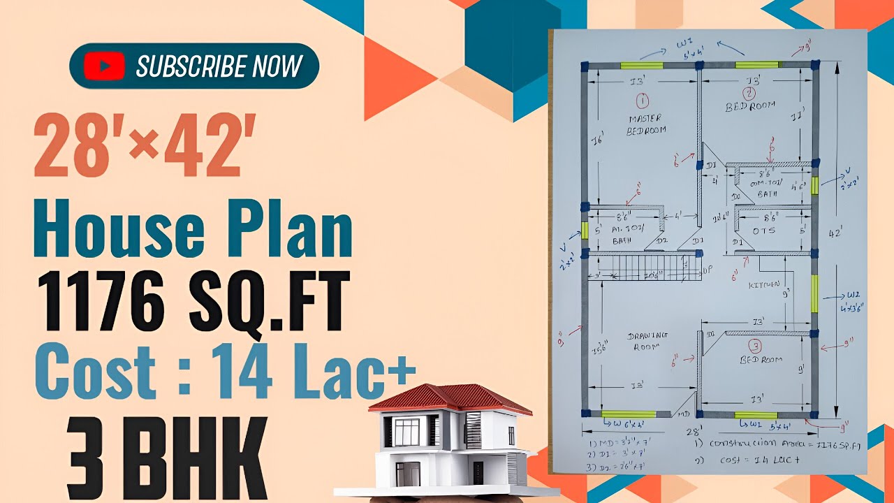 28x42 House Plan|1176 Square feet|3 BHK house plan|28by42 House Plan in ...