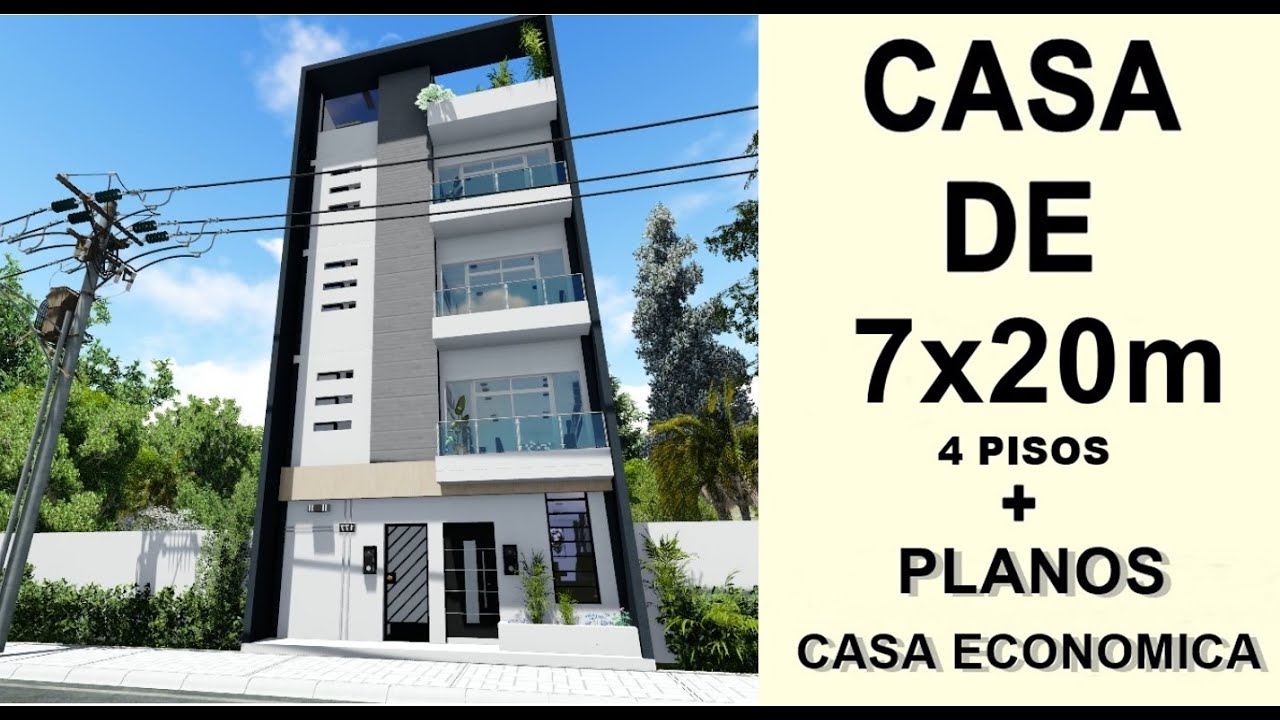 CASA en TERRENO de 7x20 Metros - CASA de 4 Pisos + planos DWG - YouTube
