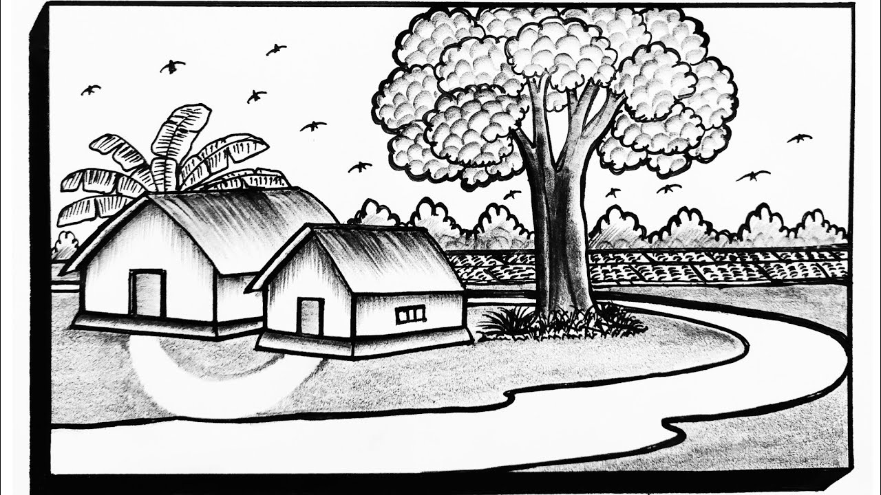 How To Draw Easy Village Scenery|Easy Nature Drawing|Prakritik Drishya ...