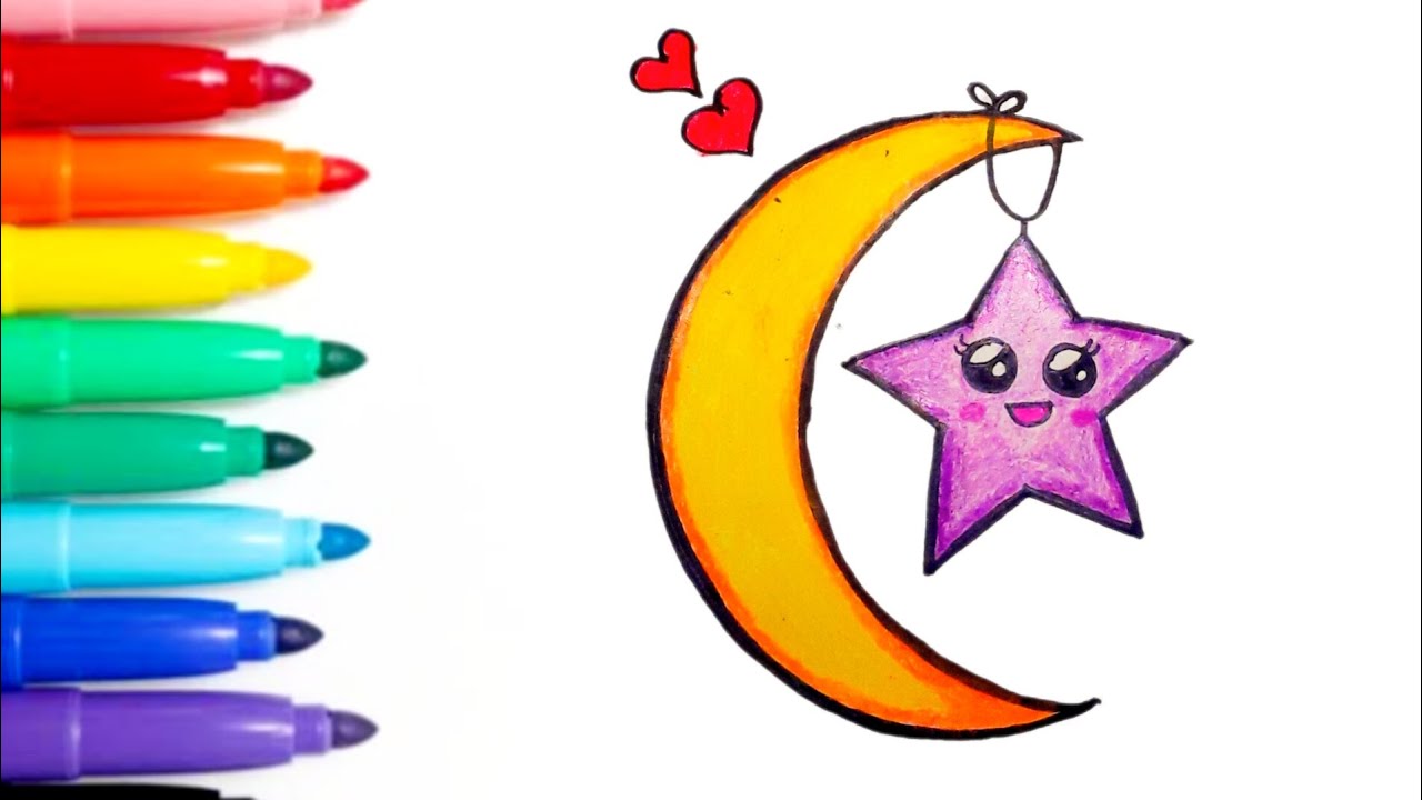 How to draw a cute Ramadan crescent moon Step by step for Kids - YouTube