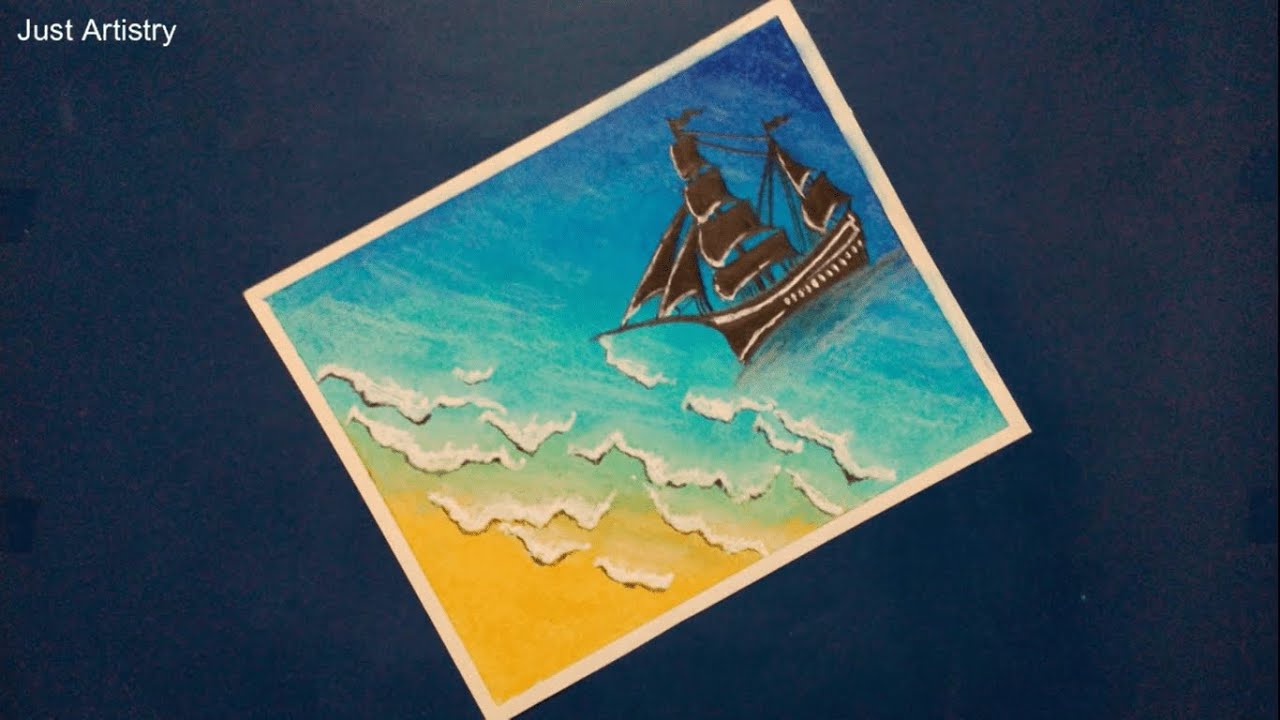 Beach oil pastel drawing easy || Ship oil pastel drawing || - YouTube