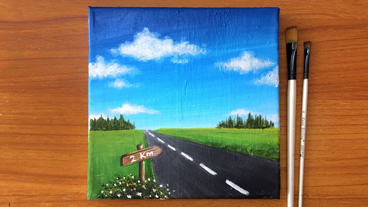 Road Scenery Painting for beginners | Canvas Painting | Acrylic ...