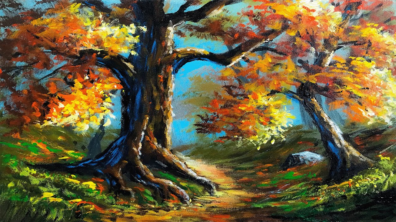 Autumn Forest Trees STEP by STEP Acrylic Painting - YouTube