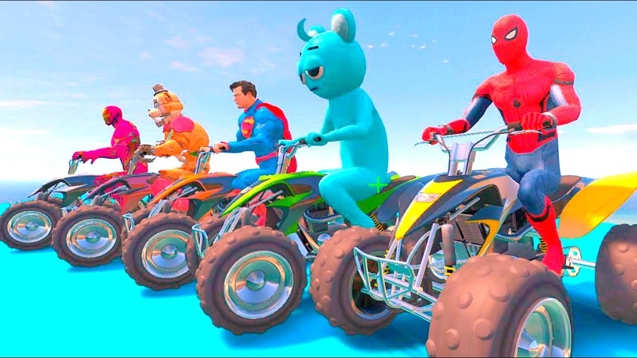 Spider man Superheroes on a motorcycle ride on the bridge of spiderman ...