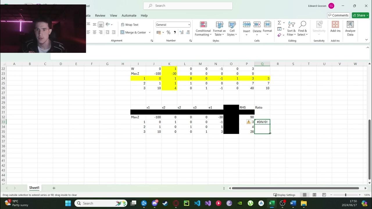 Solving A Linear Programming Problem In Excel Using The Two Phase Simplex Method Youtube