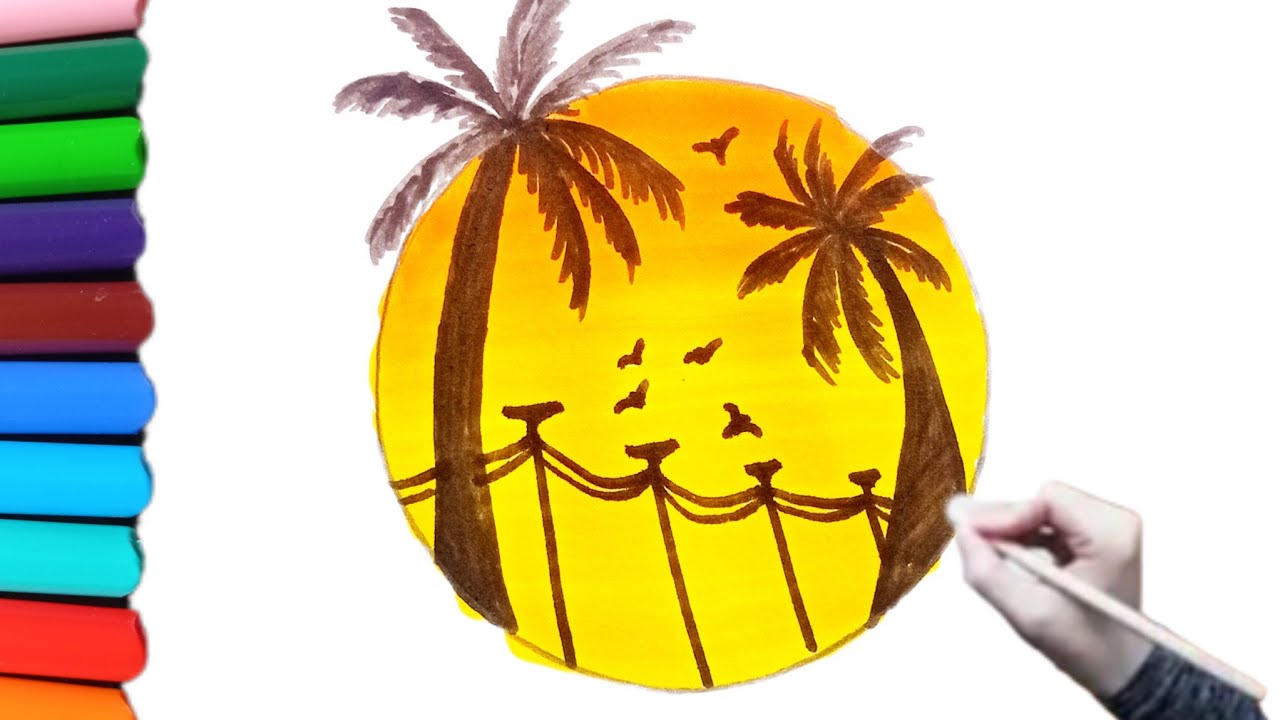 Easy Circle Drawing 💙| Nature drawing 😍| coconut tree drawing 🏝️ ...