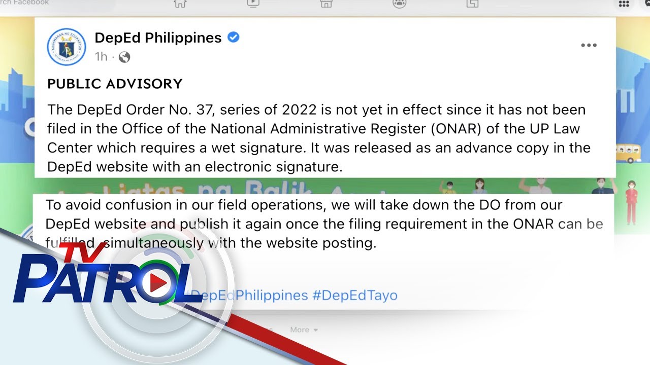 Dept.order No.37 kailangan munang i-file sa ONAR bago ipatupad ayon sa ...