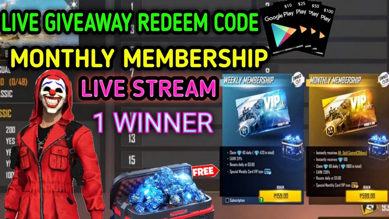 FREEFIRE GIVEAWAY LIVE | ONE WINNER MONTHLY MEMBERSHIP AND REDEEM CODE | LIVE CUSTOM ROOM Free ...