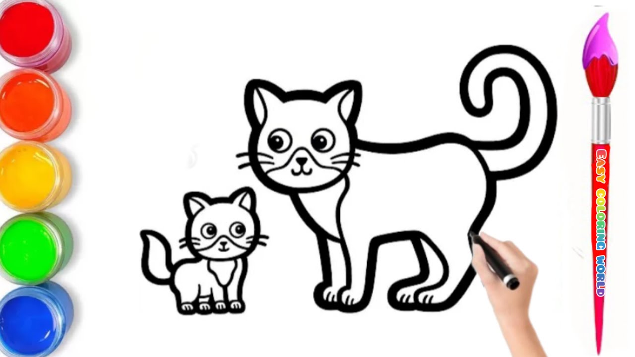 Drawing and painting and coloring cat for children | Let's draw a cat ...