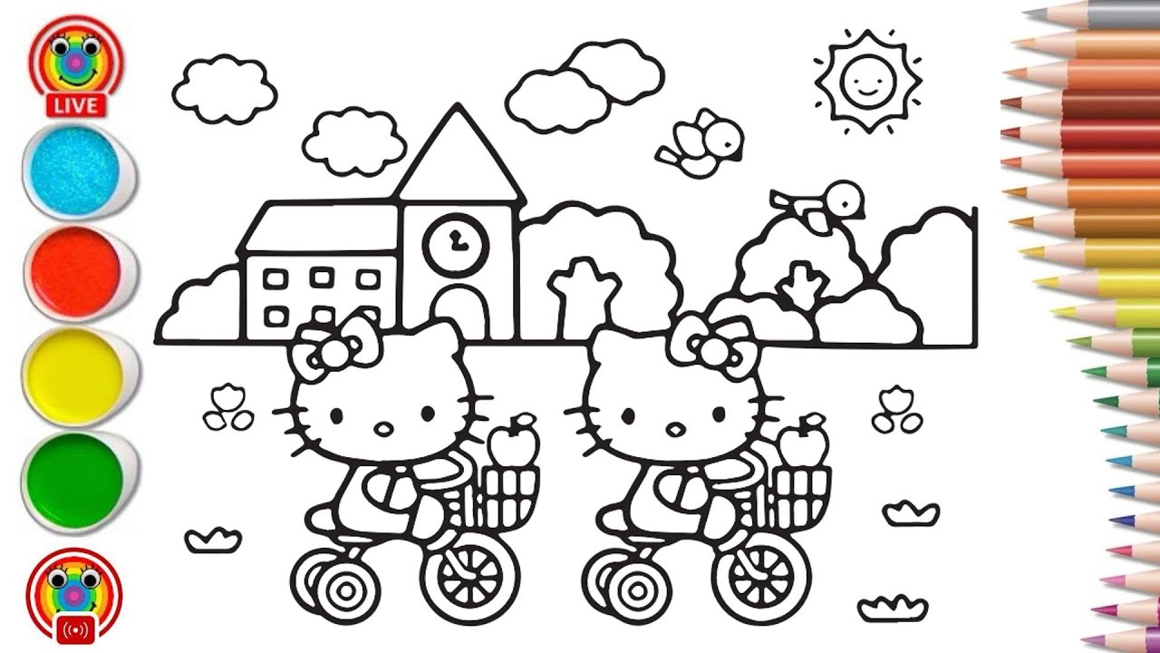 Tô màu chú mèo Hello Kitty và trường học - Cat Hello Kitty and School ...