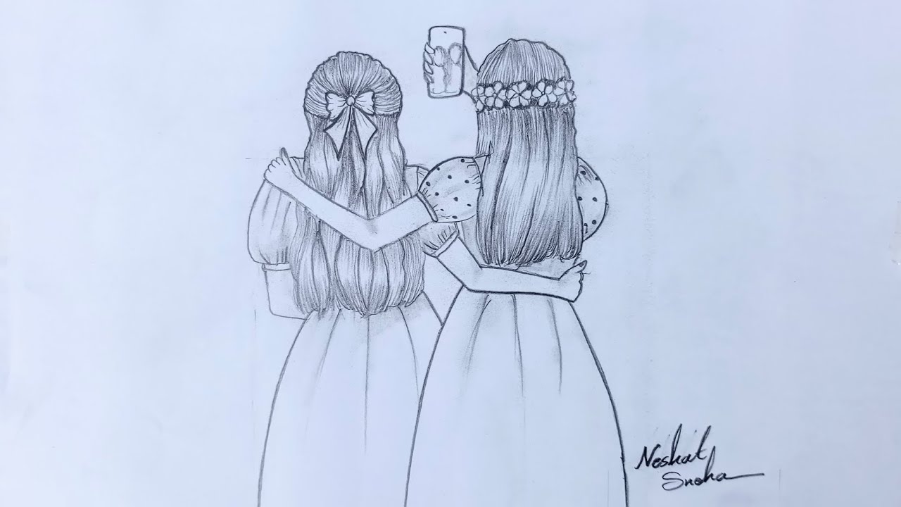 Two friends taking a selfie together || step by step easy drawing ...