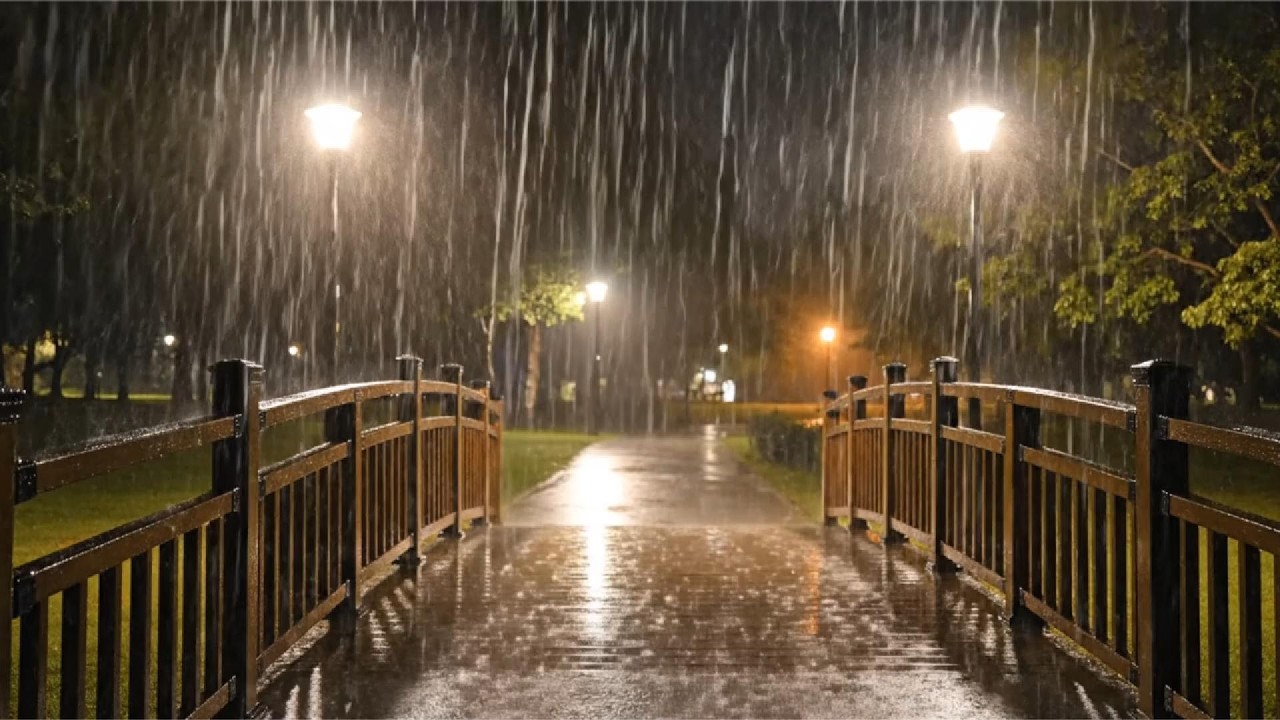 Peaceful Rainy Night Park Walk with Wooden Bridge 🌧️ Relaxing Sleep ...