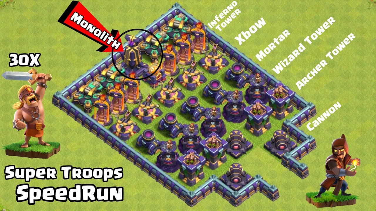 Clash of Clans Max Defense Vs Super Troops | Super Troops SpeedRun ...