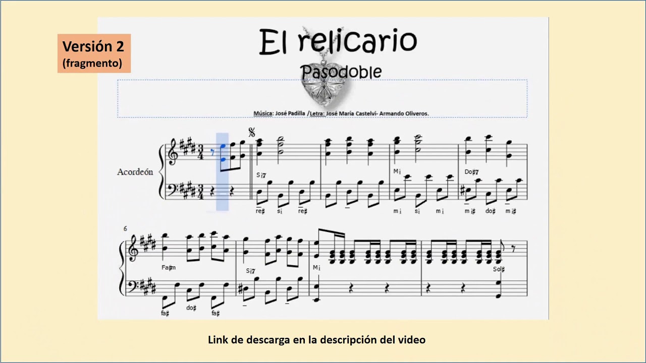 El relicario. Pasodoble. Partitura para acordeón. Dos versiones - YouTube