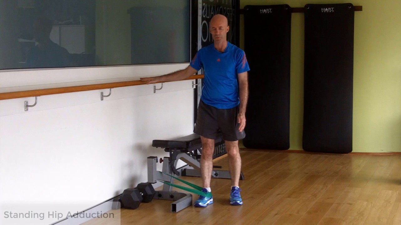 Standing Hip Adduction with a Resistance Band - YouTube
