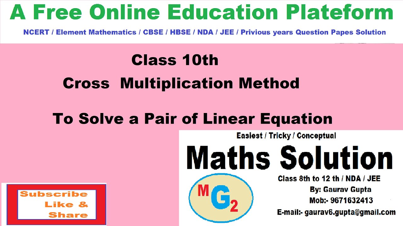 Class 10th maths chapter 3 Cross Multiplication method for a linear ...