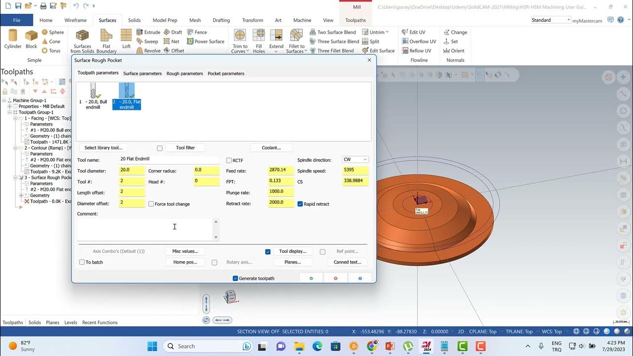 Mastercam Surface Rough Toolpath by using Revoled surface - YouTube