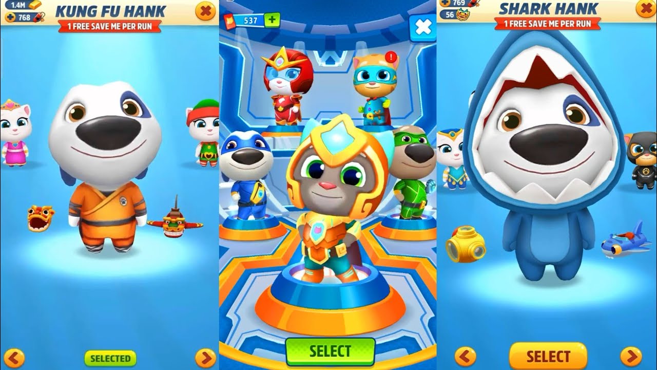 Talking Tom Gold Run vs Hero Dash Super Ginger Fireman Tom SHark Hank ...